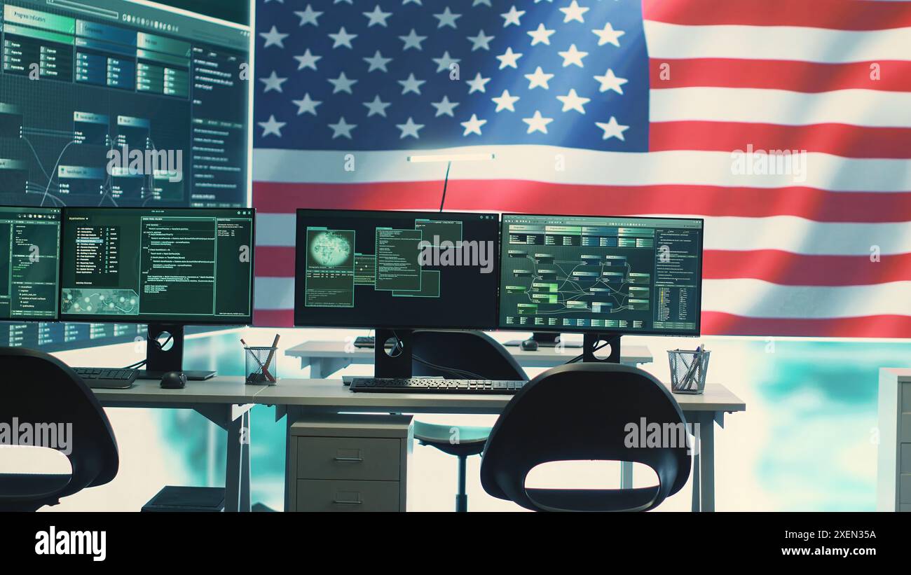 Empty governmental surveillance room shows an American flag, cybersecurity and data protection ...