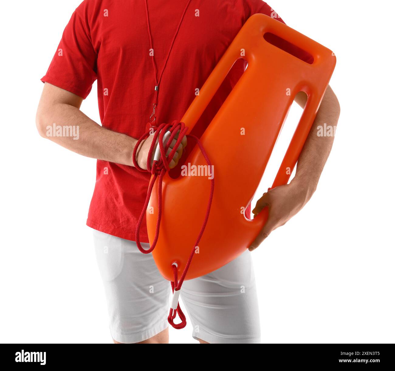 Male lifeguard with rescue tube buoy and whistle isolated on white ...