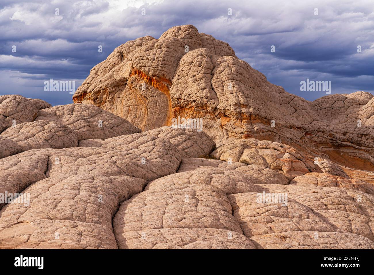 Surreal landscape of White Pocket with stormy clouds gathering overtop ...