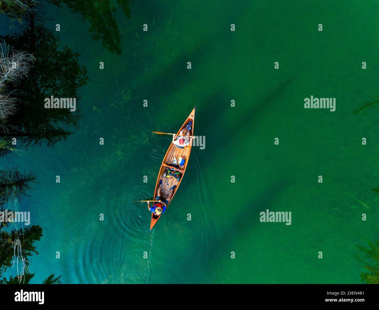 Overhead aerial view of two canoeist on a river Stock Photo - Alamy