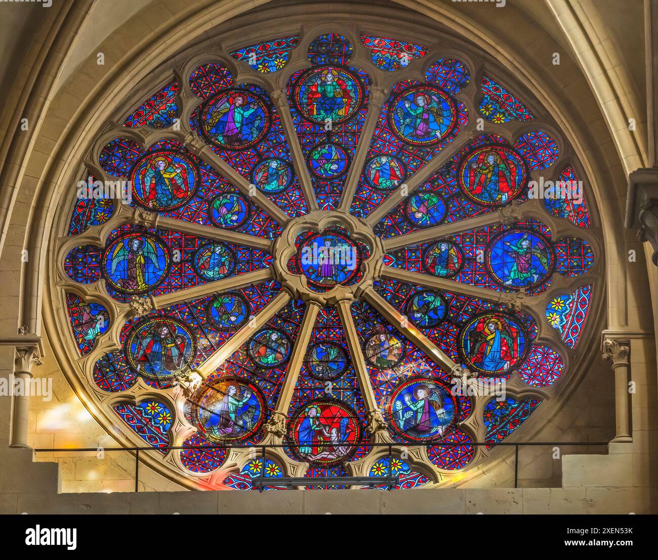 Jesus Christ and angels stained glass rose window, Lyon Cathedral ...