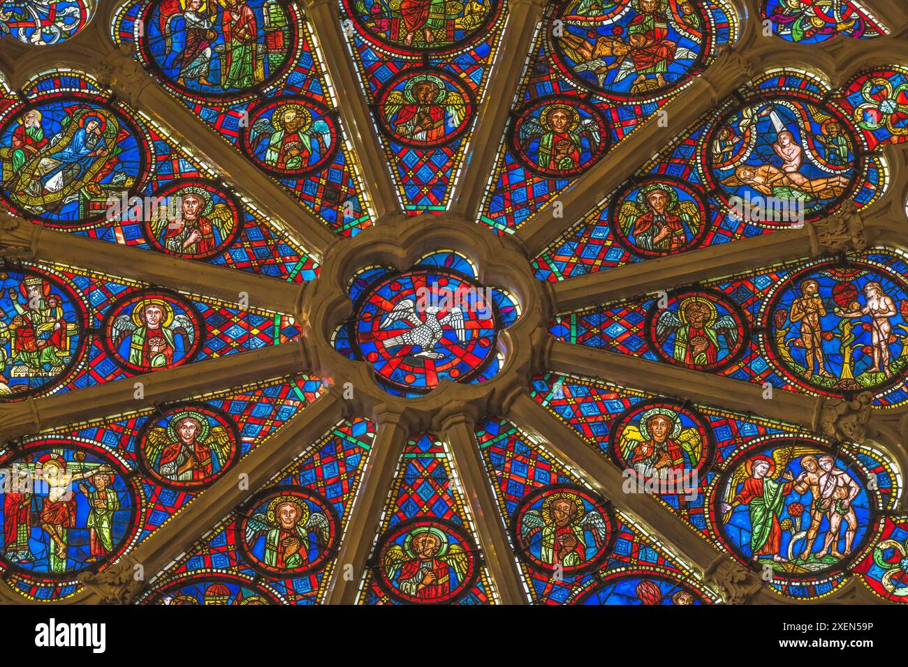 Biblical stories stained glass rose window, Lyon Cathedral, France ...