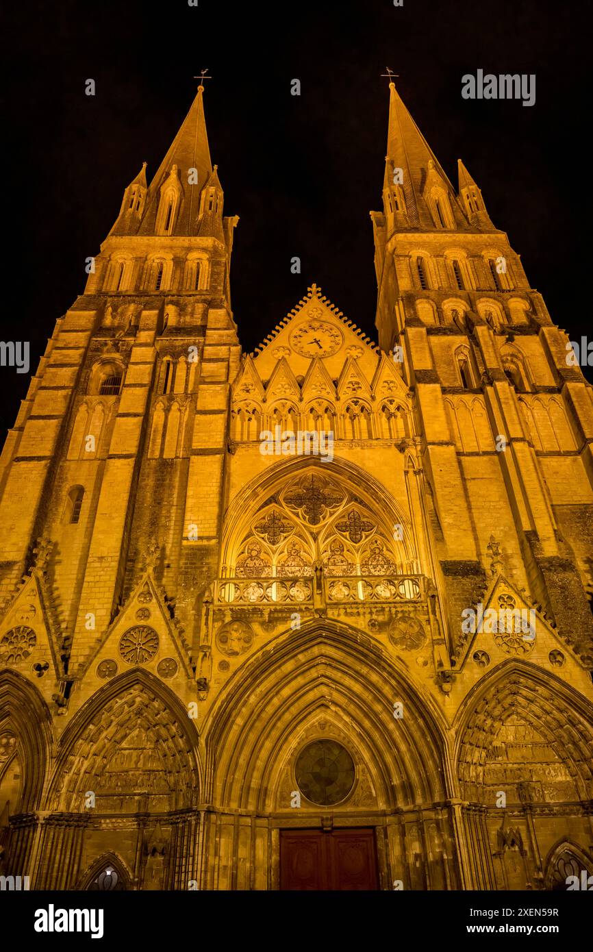 Illuminated Bayeux Cathedral facade Towers Our Lady of Bayeux Church ...