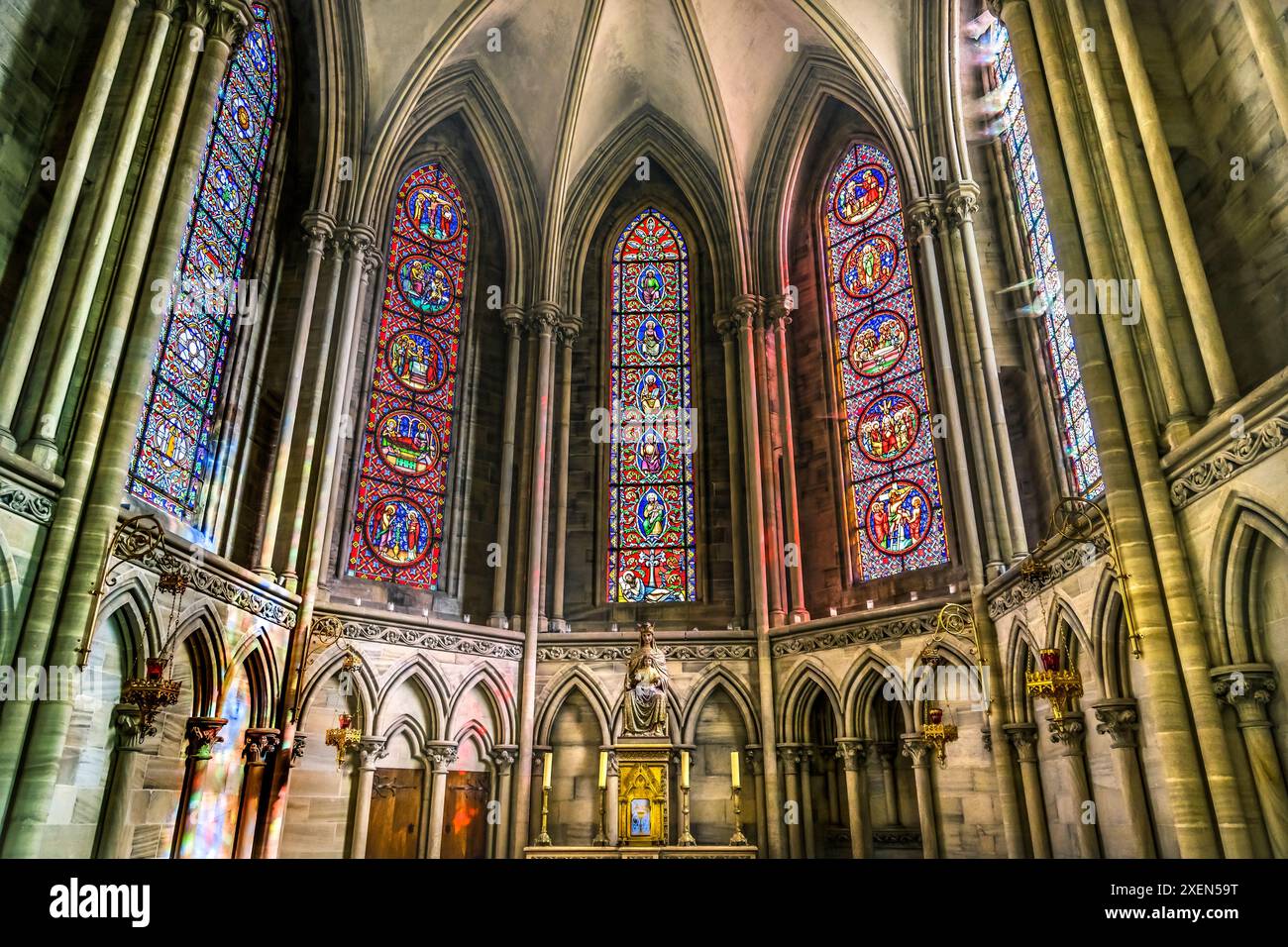Mary stained glass reflection, Bayeux Cathedral, Bayeux, Normandy ...