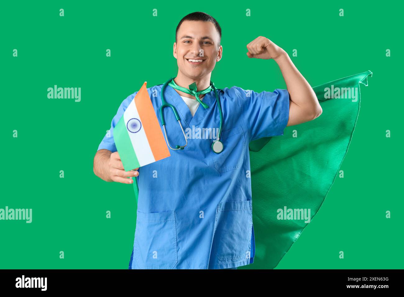 Male doctor with flag of India and superhero cape showing muscles on ...