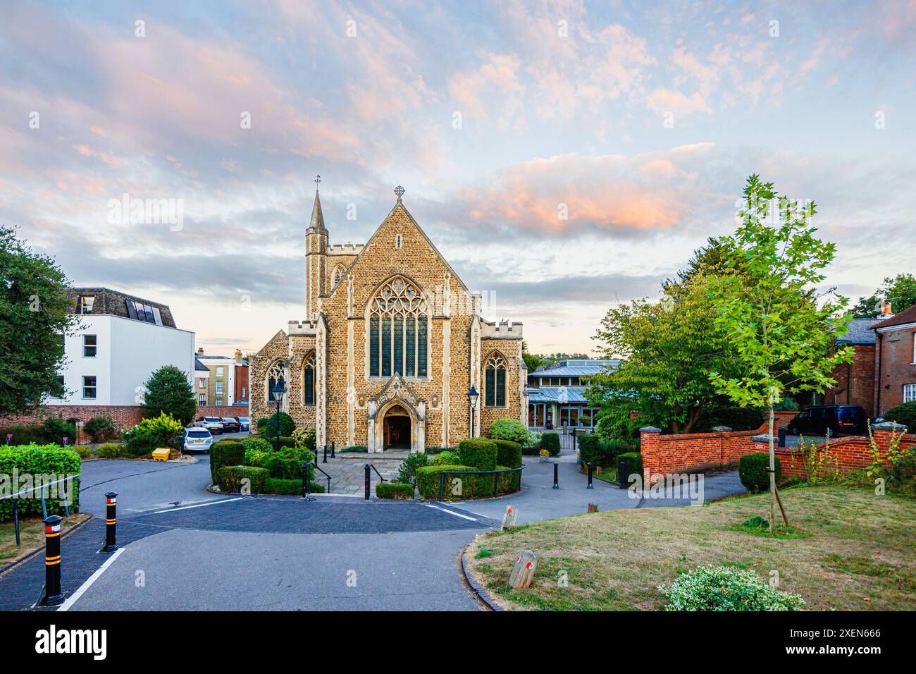 Front facade and entrance to Gothic Revival style Roman Catholic St ...