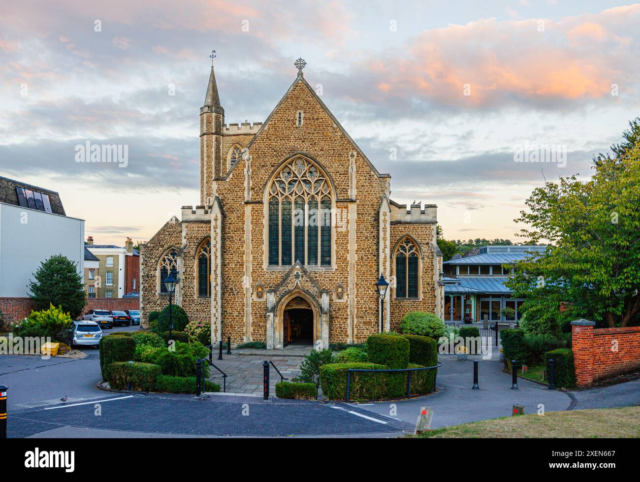 Front facade and entrance to Gothic Revival style Roman Catholic St ...