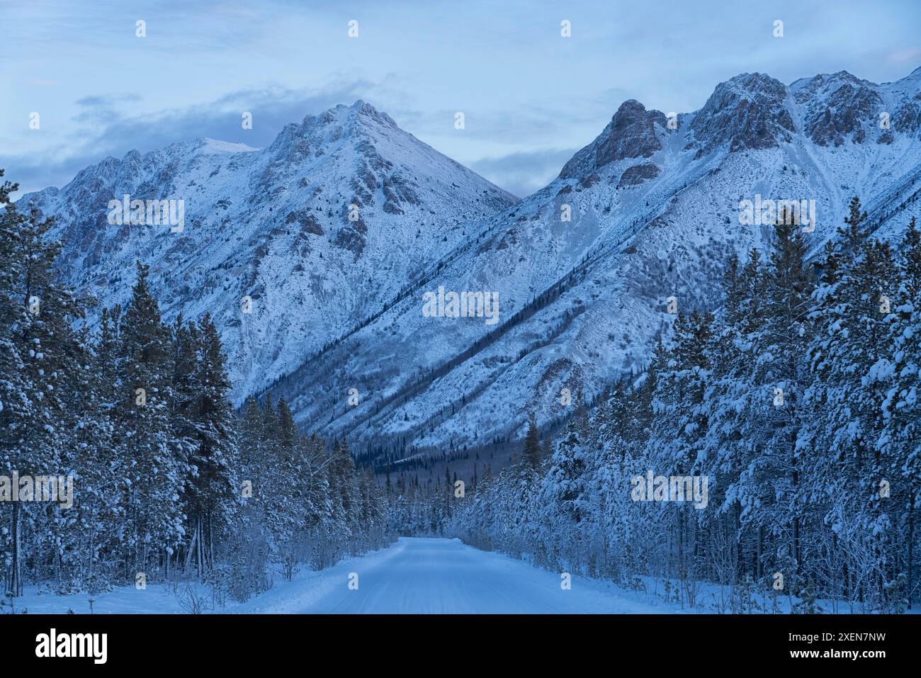 Winter landscapes of majestic mountains along the tree-lined Annie Lake ...