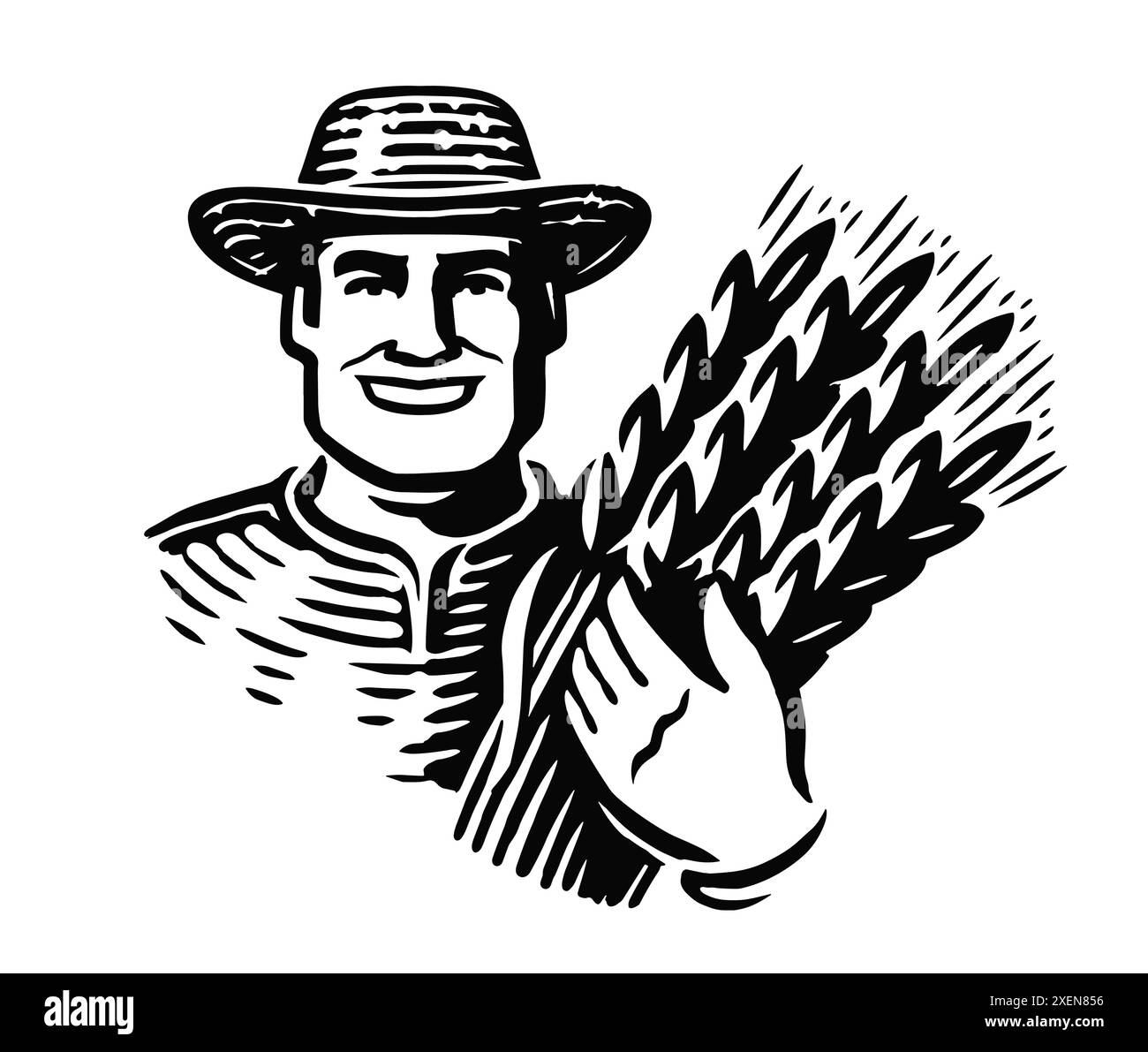Happy farmer holding a sheaf of wheat. Farm organic food emblem or logo ...