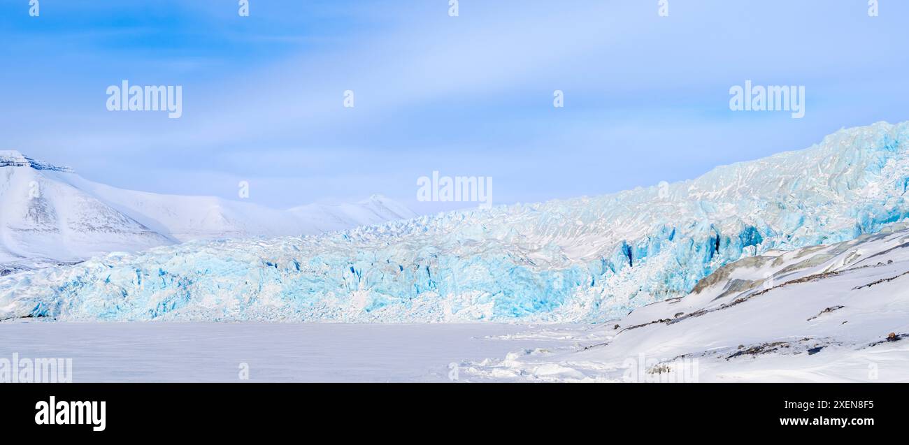 Glacier Nordenskioldbreen and frozen Adolfbukta. Winter landscape on ...