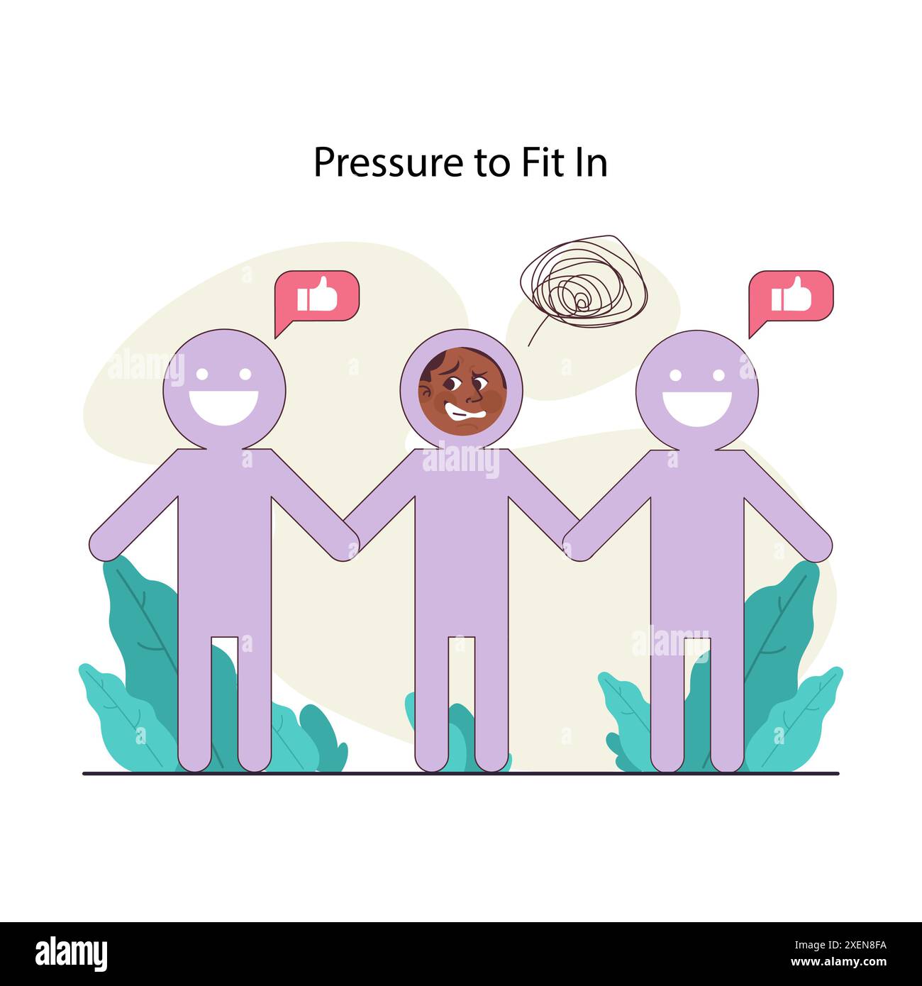 Peer pressure concept. Awkward individual squeezed in purple suit ...