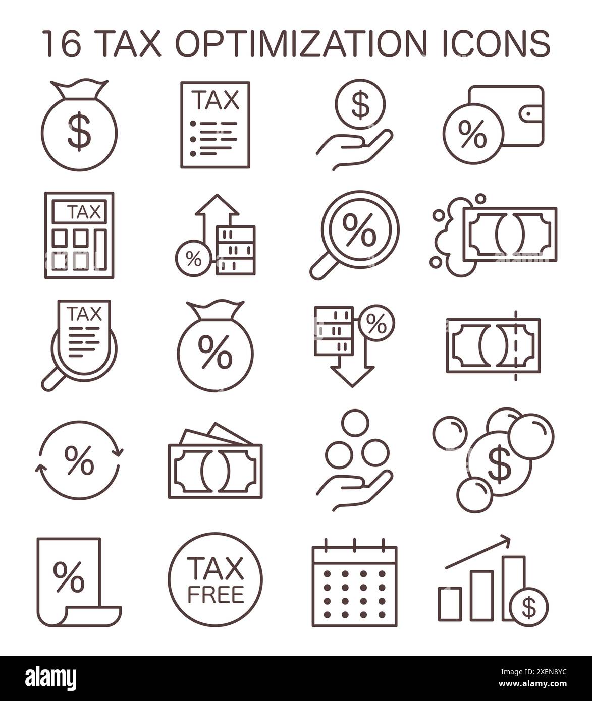 Tax optimization icon set. Simple symbols of financial efficiency, budgeting and economy idea ...