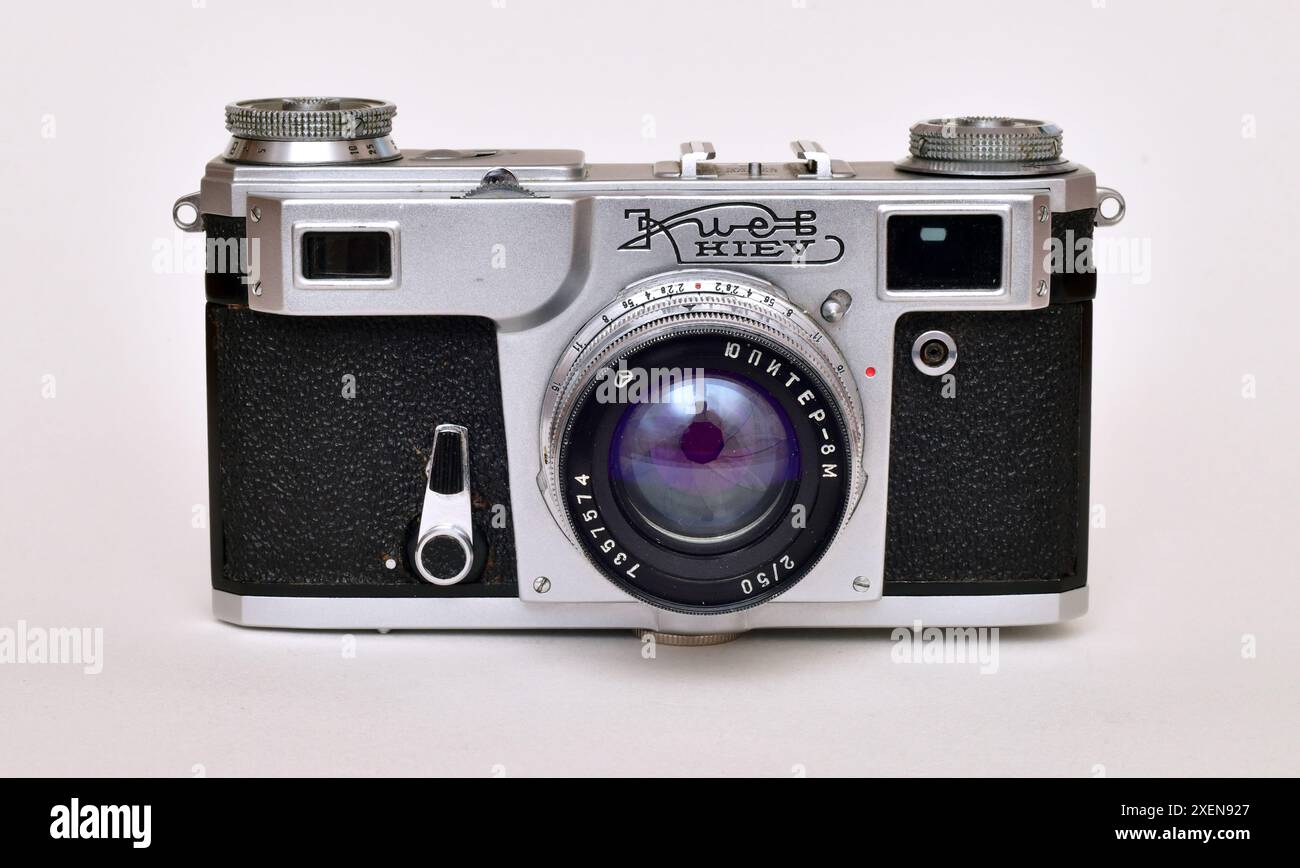 Kiev 4A 35mm rangefinder camera with 50mm f2 lens against a white ...