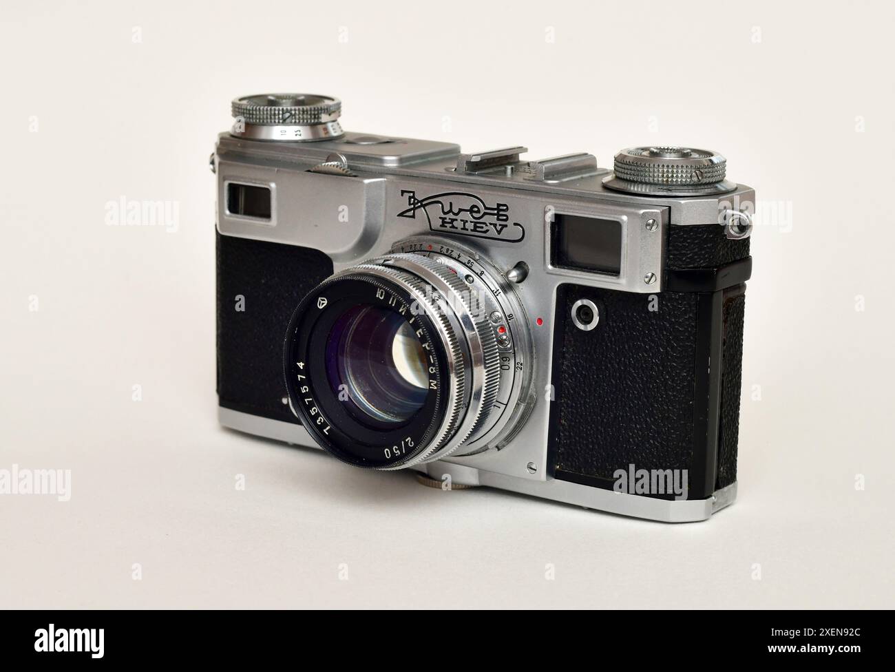 Kiev 4A 35mm rangefinder camera with 50mm f2 lens against a white ...