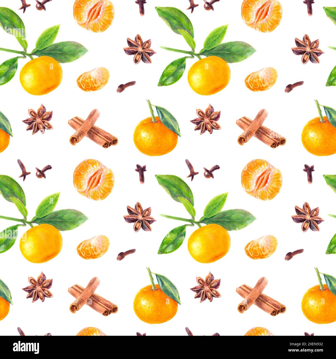 Watercolor seamless pattern featuring mandarin, star anise, cinnamon sticks, and cloves on a ...
