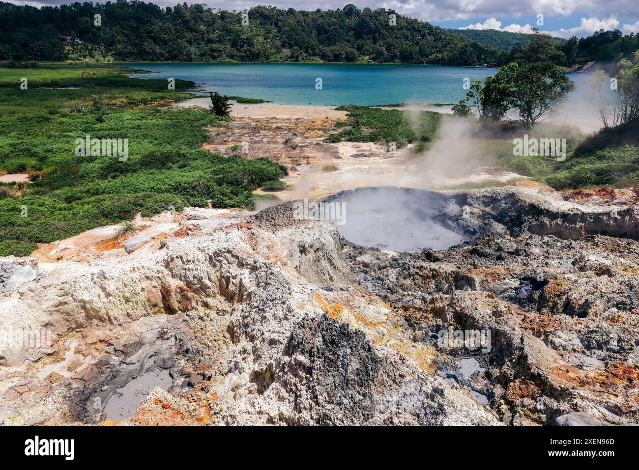 Steam emerging from the sulphur fields and Lake Linow in North Sulawesi ...