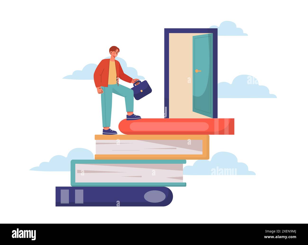 Books of knowledge. Man follows stacks of books to door. Education and ...