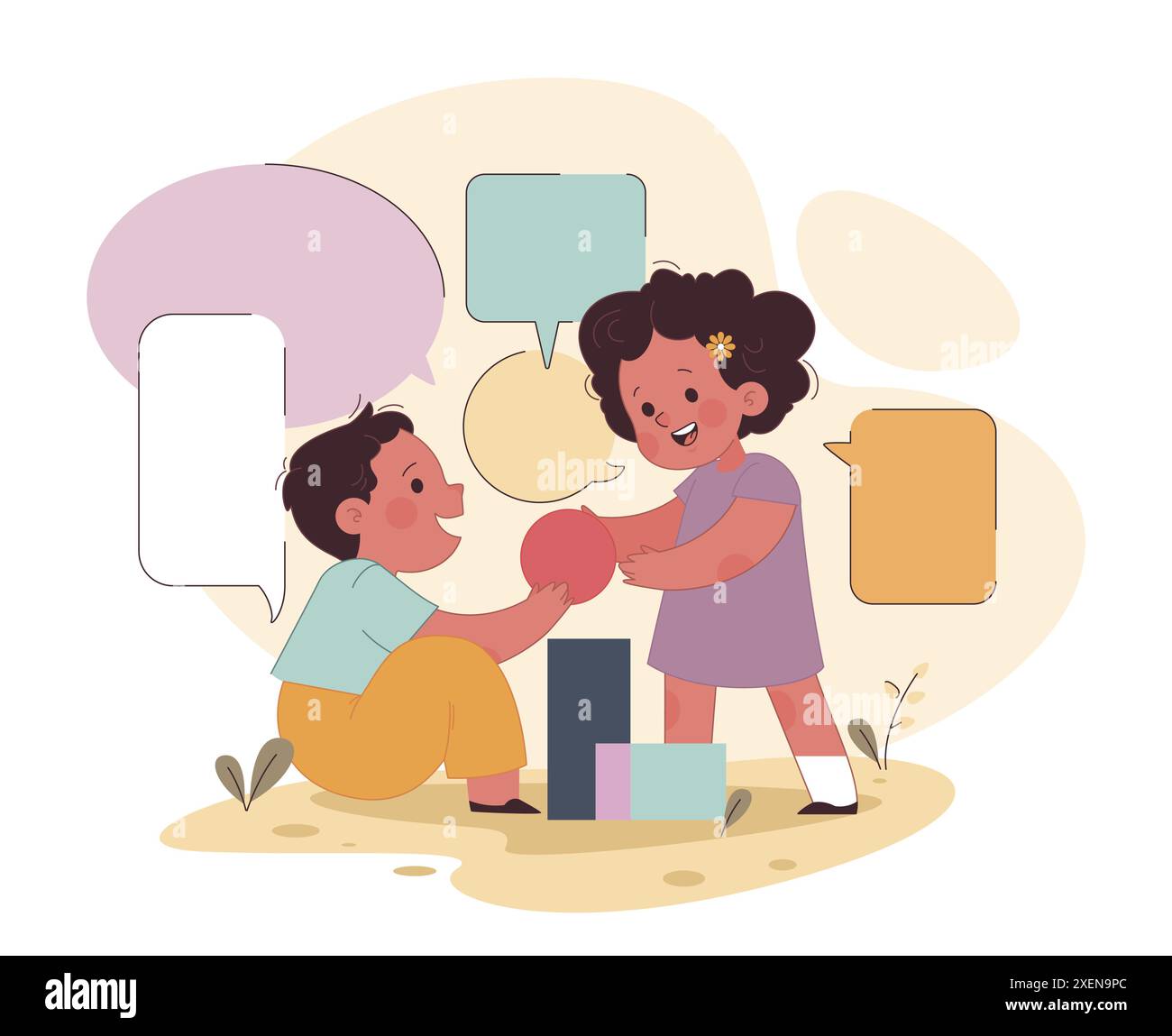 Little preschool girl and boy talking to each other on a playground ...