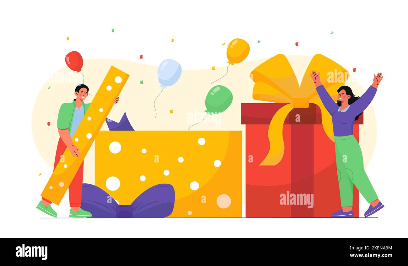 People with prizes. Man and woman stand near open gift boxes. Gifts ...