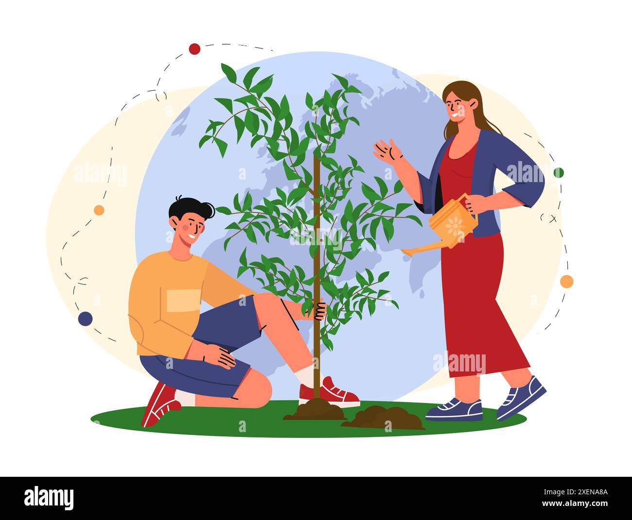 People planting tree. Man and woman against backdrop of planet. Eco ...