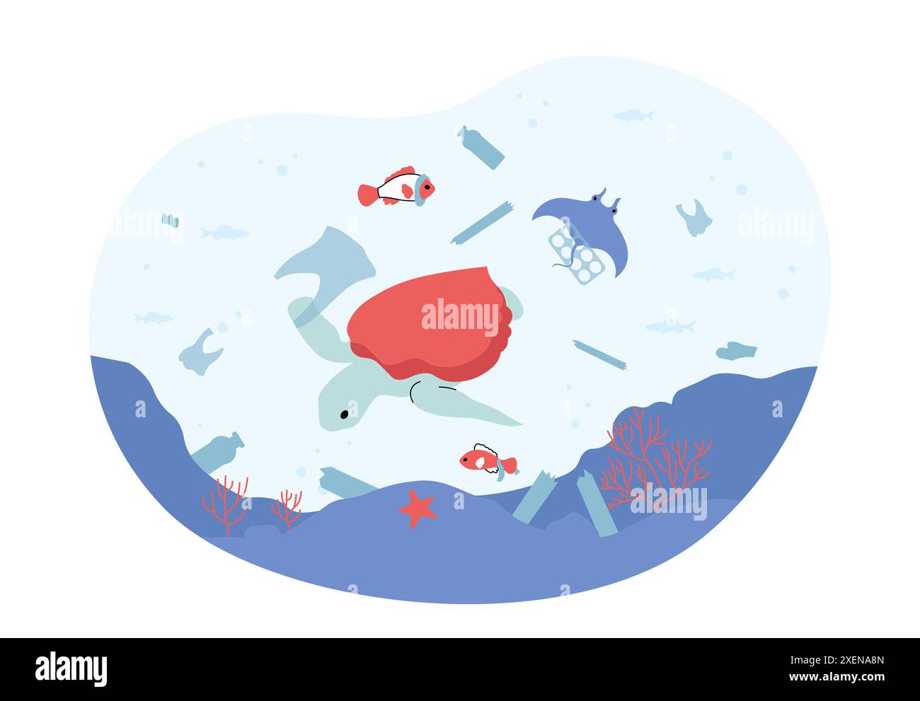 Ocean pollution concept. Turtle swims next to bottles. Ocean pollution ...