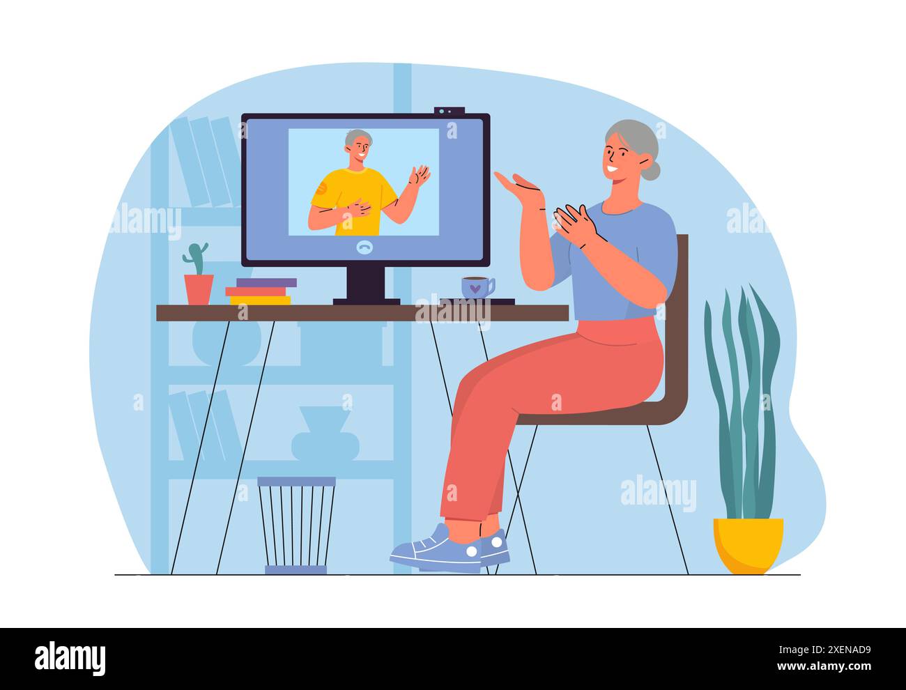 Grandmother with online communication. Old woman communicates with son ...