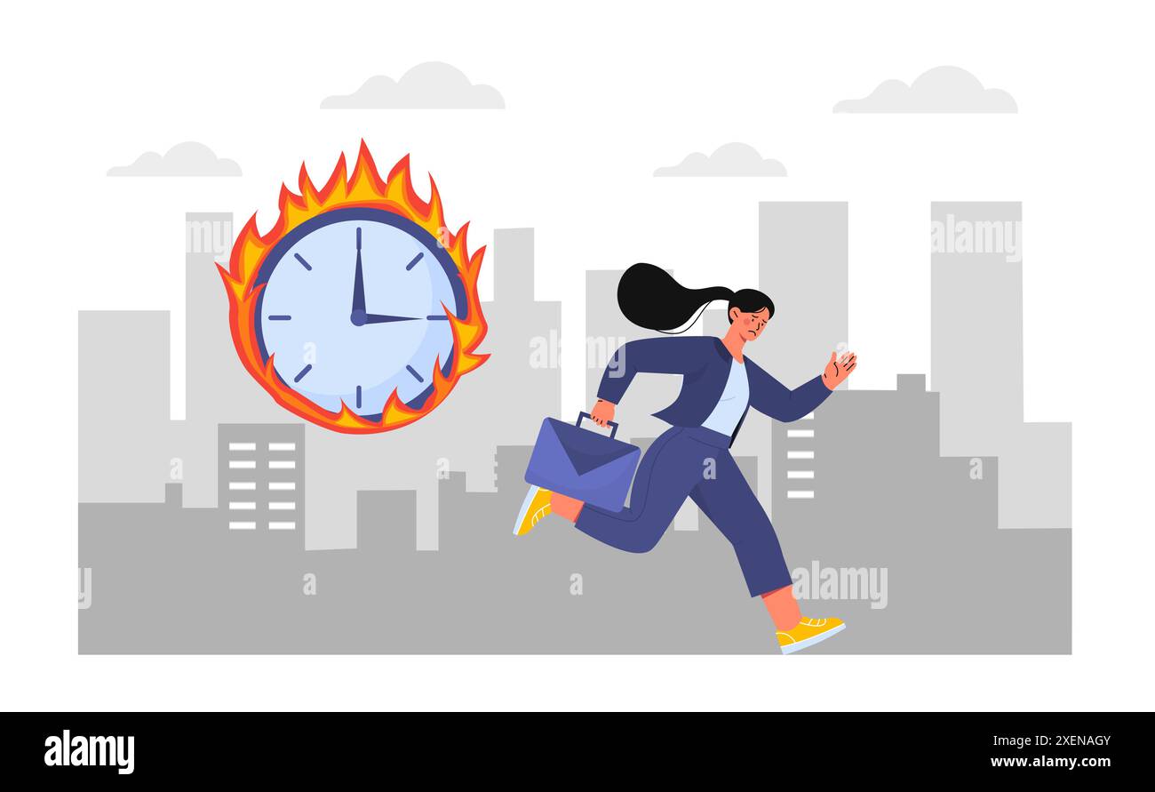 To be late woman. Businesswoman with briefcase runs beside burning ...