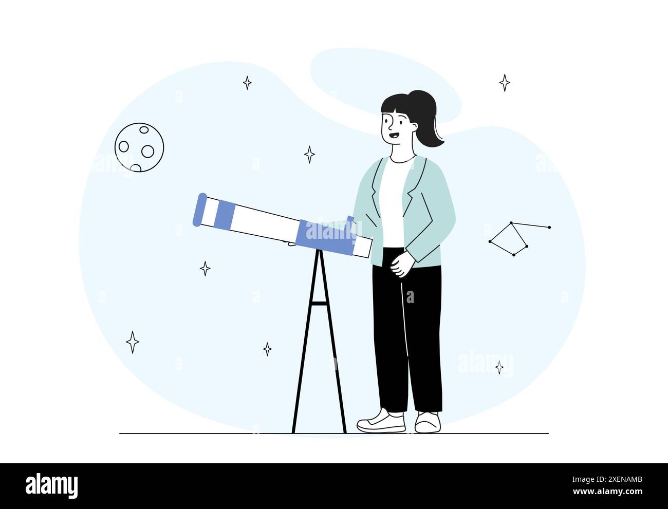 Stargazing woman concept. Young girl with telescope looking at starry ...