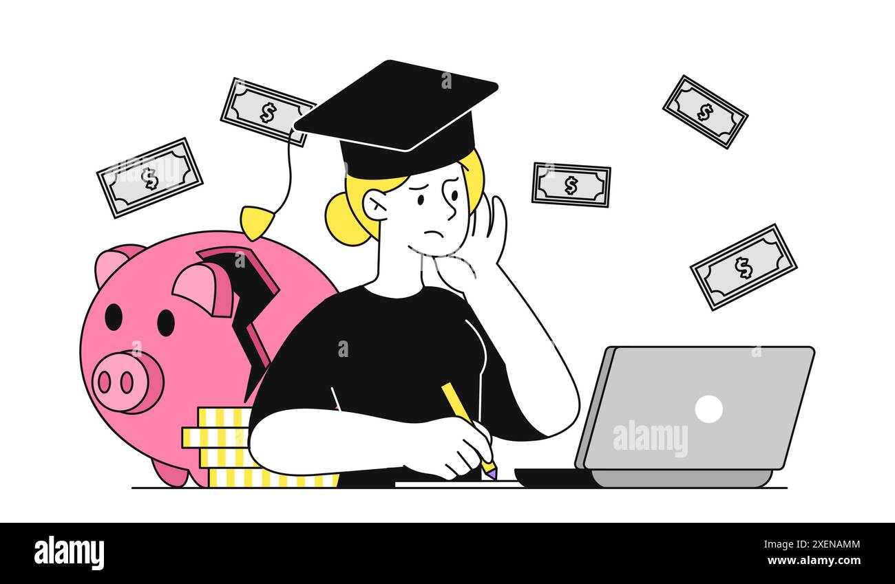 Student debt concept. Woman in graduation cap sits in front of laptop ...