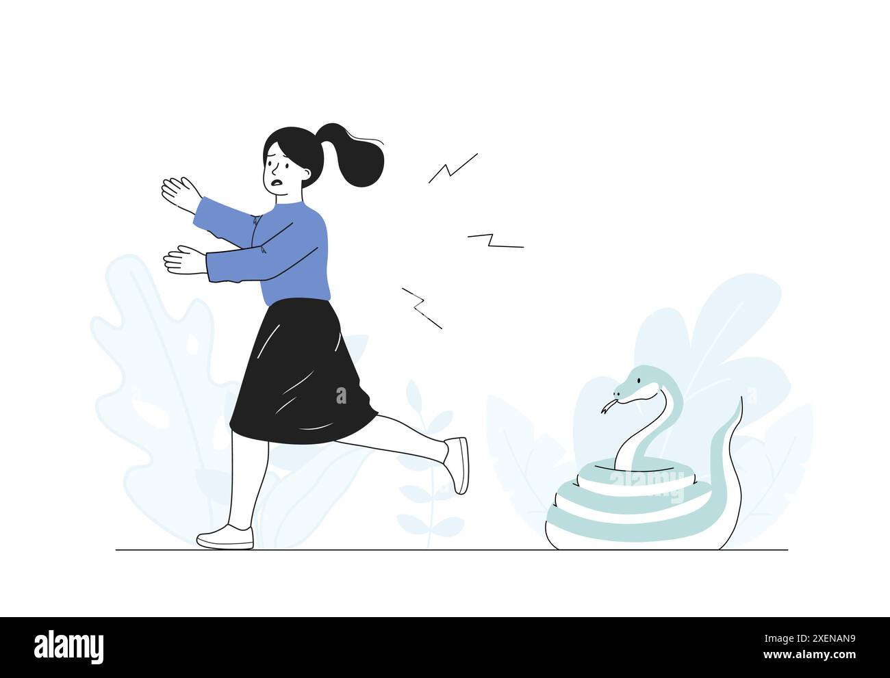Woman scary snake. Girl runs away from snake in terror. Negative ...