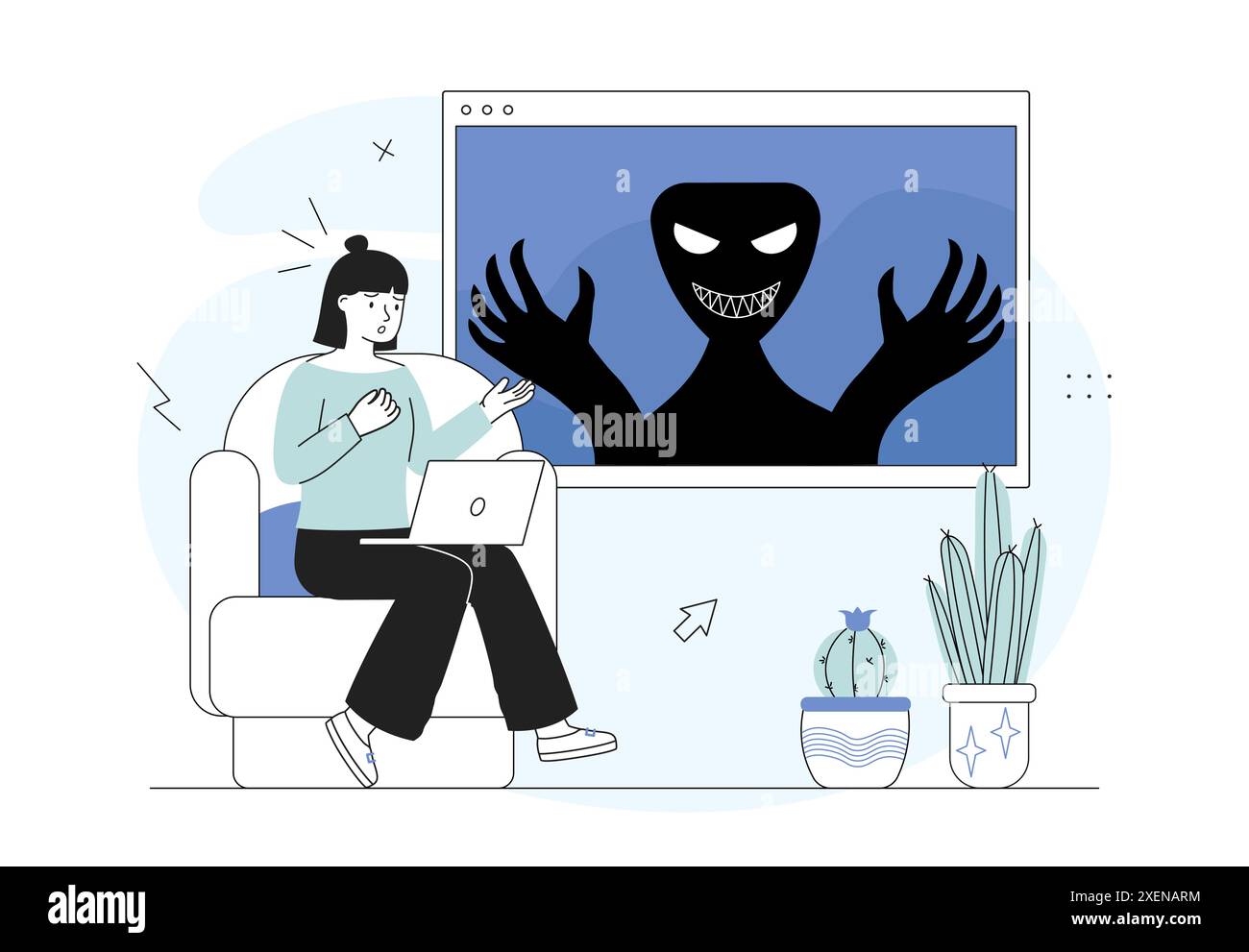 Woman with scary movie. Girl sits with bucket of popcorn and stares at ...