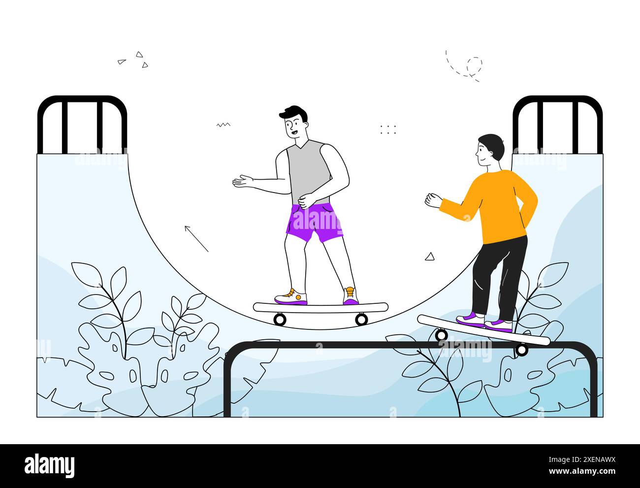 Guys at skate park. Two teenagers on skateboards ride ramp. Active ...