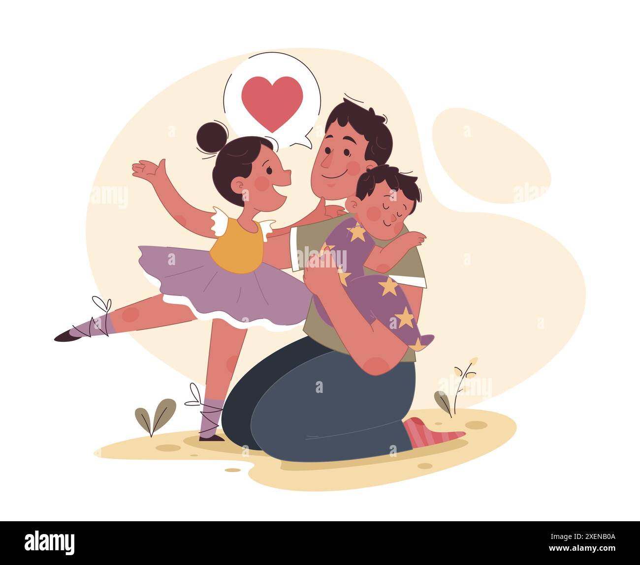 Engaged or committed fatherhood. Dad hug his son and daughter, little ...