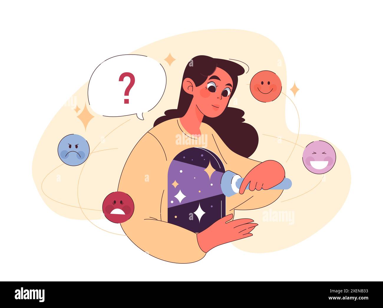 Emotional self-awareness. Young female character examine her inner self ...