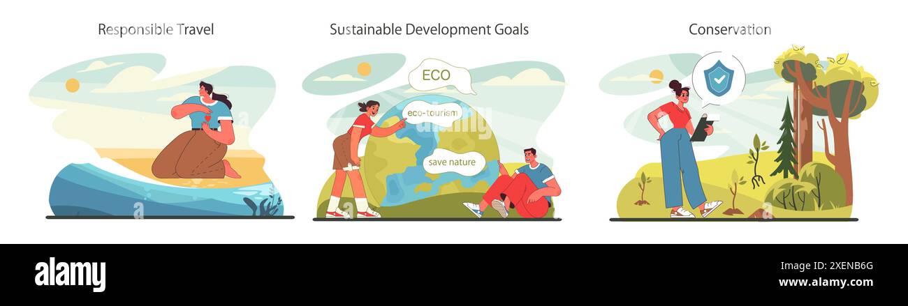 Sustainable tourism set. Ecotourism, eco-friendly recreation ...