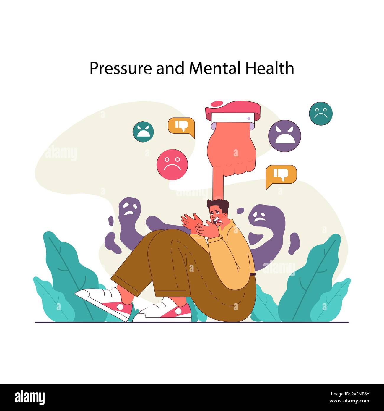 Peer pressure. Distressed man pressed down with finger and angry ...