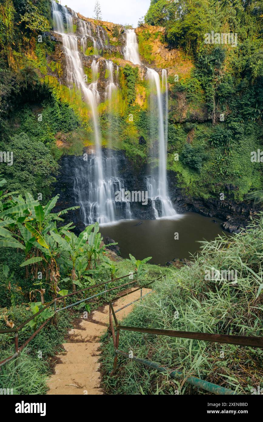 Series of waterfalls at Tad Gneuang Waterfall in Laos, dropping from a ...