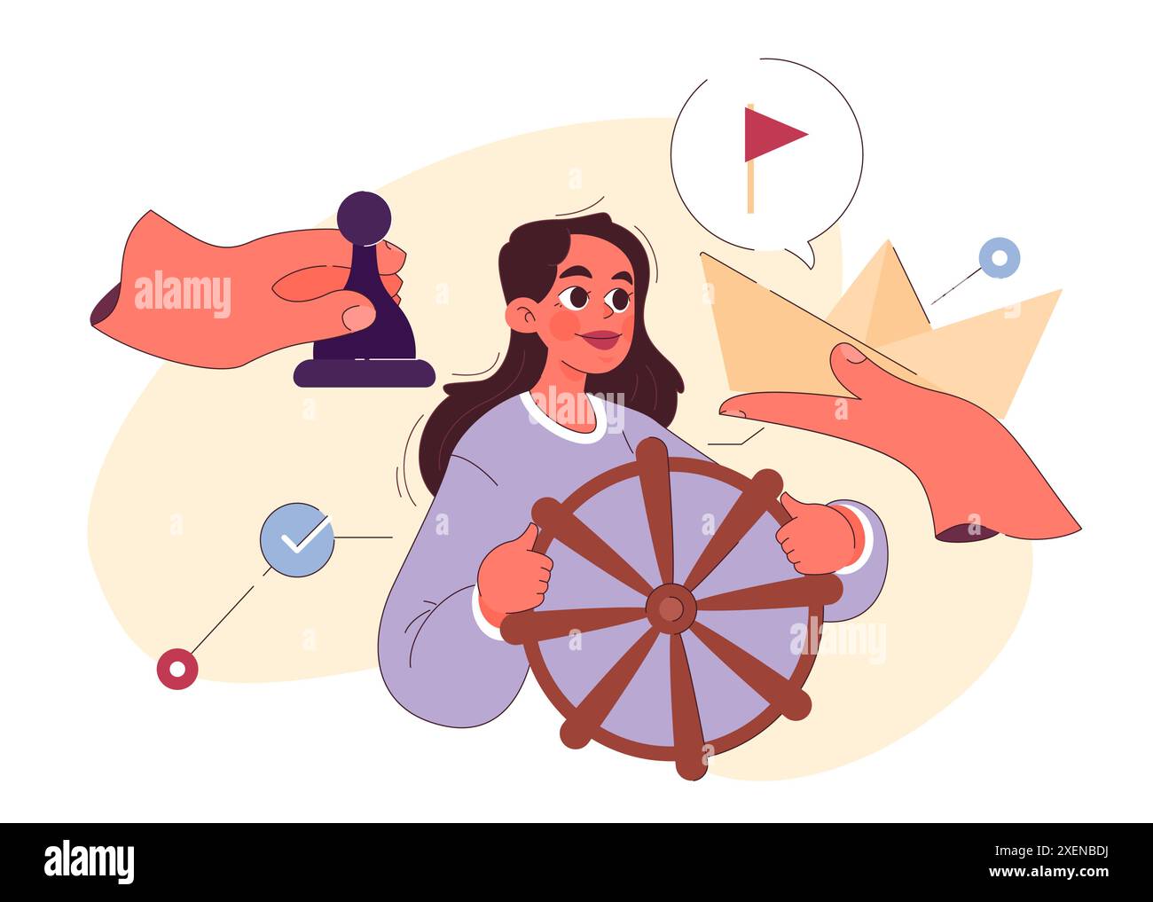 Authentic leadership. Confident businesswoman holding a helm. Top ...