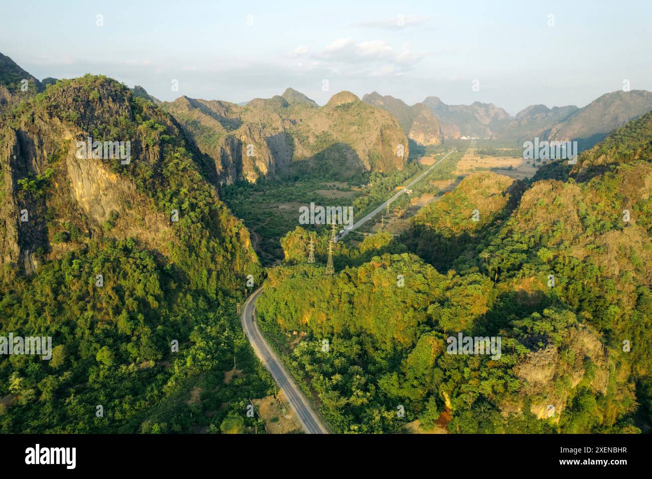 Rugged landscape and road in the valley between limestone karst ...
