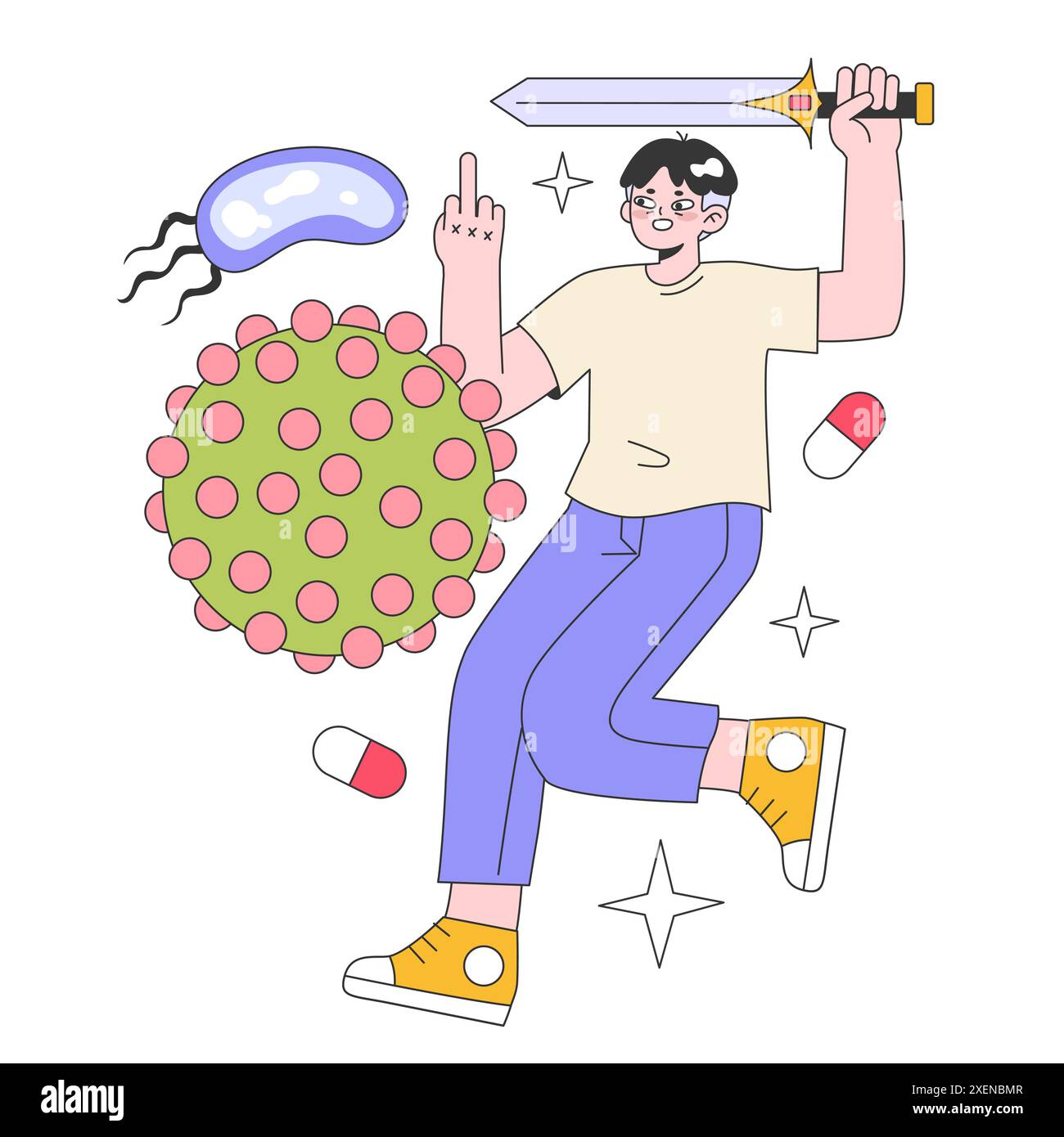 Healthy adult man reflect bacteria and virus attack with a sward ...