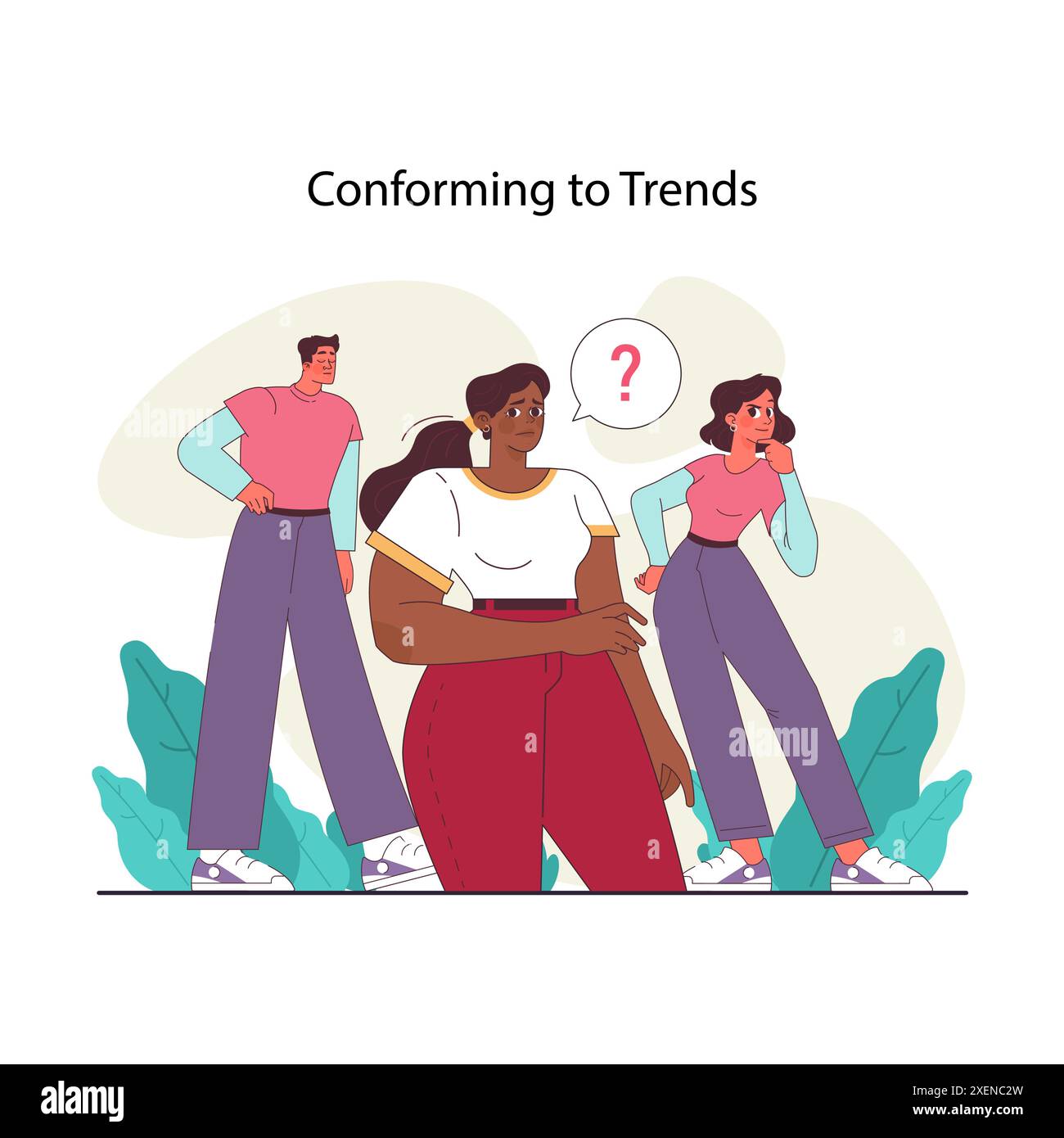 Peer Pressure Woman Stands Uncertainly Amidst Peers Contemplating The
