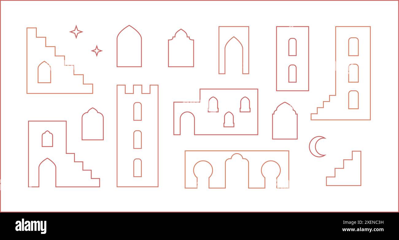 Line arabic old city buildings, houses, arches. Simple outline vector ...