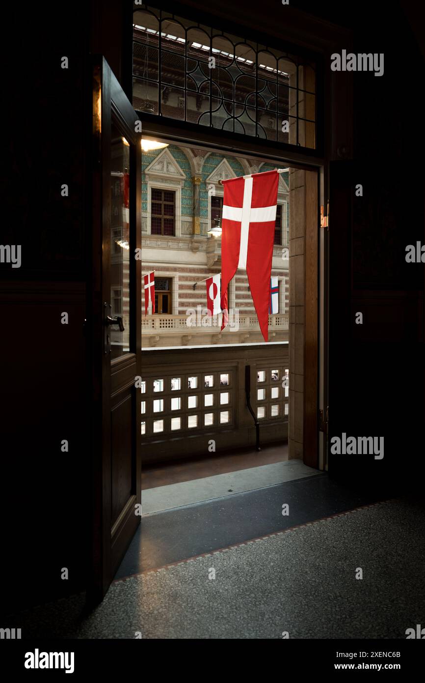 Danish flag, flag of Denmark, Denmark flag hanging in Copenhagen City ...