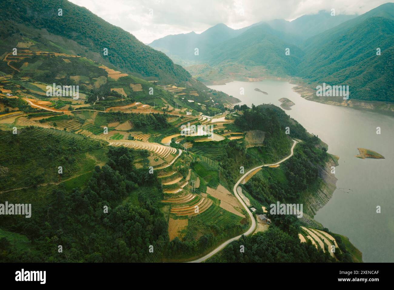 Mountainous landscape with farmland and water in Nam Pam in Vietnam ...
