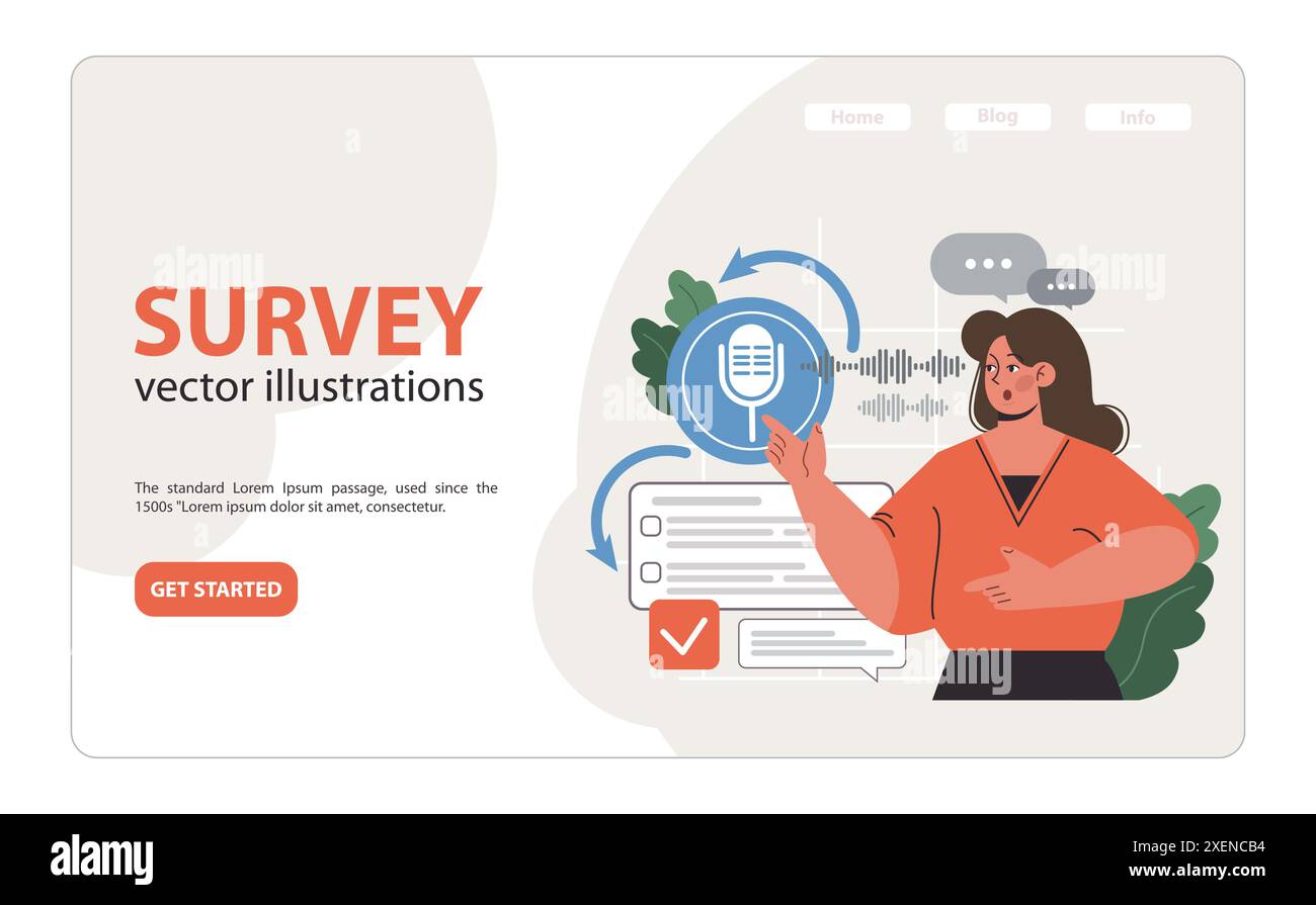 Public opinion polling web banner or landing page. Female character ...