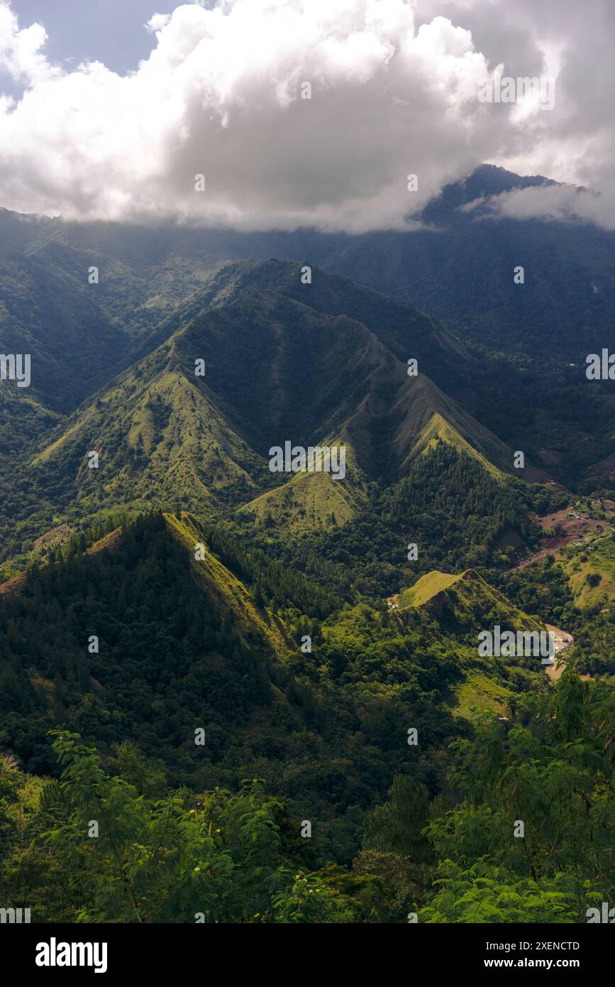 Mountains covered in lush vegetation under a cloudy sky in Gunung Nona ...