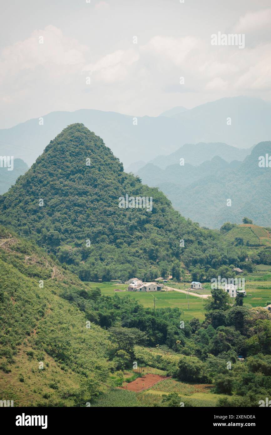 Town of Mai Chau and farmland in a valley, Vietnam; Mai Chau, Tong Dau ...