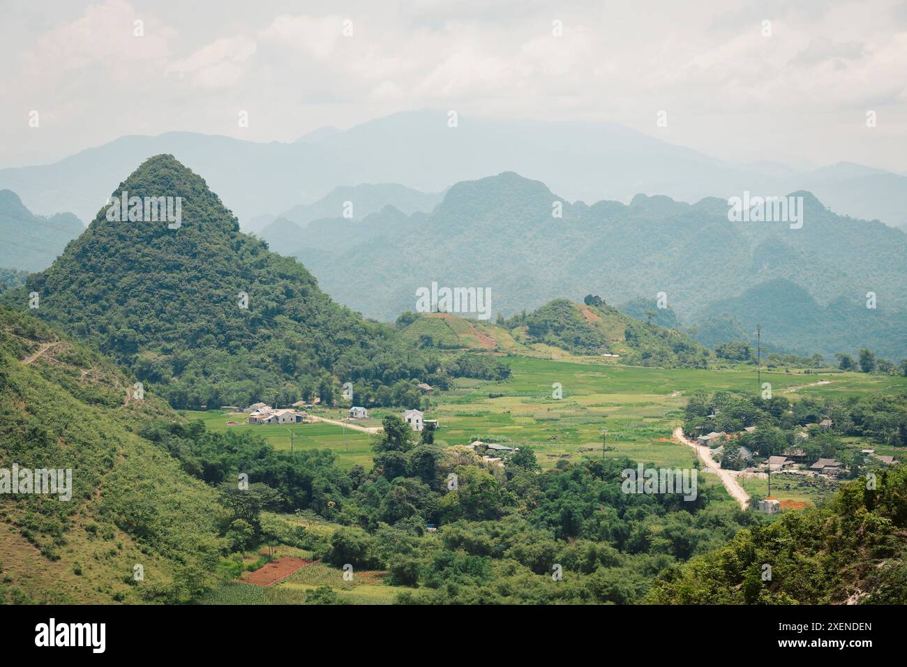 Town of Mai Chau and farmland in a valley, Vietnam; Mai Chau, Tong Dau ...