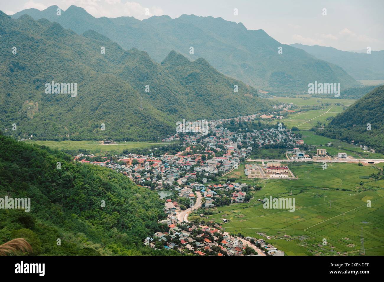 Town of Mai Chau and farmland in a valley, Vietnam; Mai Chau, Tong Tau ...