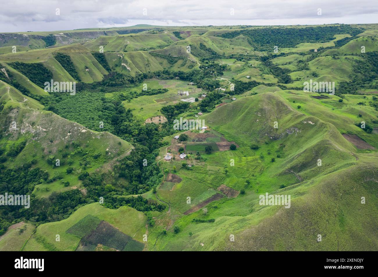 Green landscape with hills, fields and trees in Puru Kambera Savannah ...